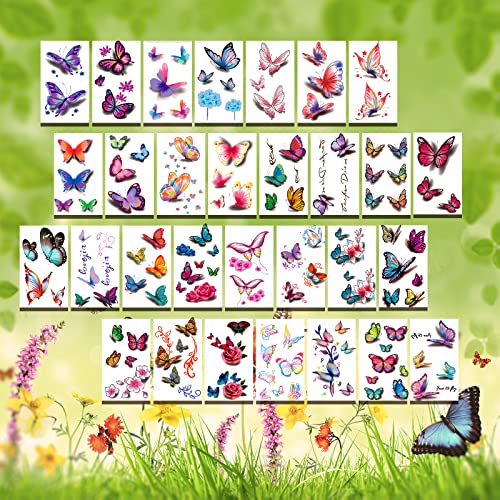 30 Sheets Butterfly Tattoos for Kids Womens - 110 Pcs 3D Tattoos, Colorful Body Art Temporary Tattoos, Butterfly Party Favors