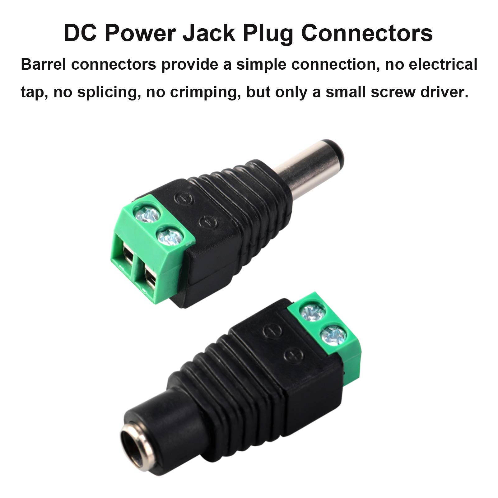 (Real 18AWG 43x2pcs Strands) 10 Pairs DC Power Pigtail Cable 12V 5A Male & Female + 10 Pairs DC Power Jack Plug Adapter barrel Connector for CCTV Home Security Surveillance by MILAPEAK (2.1mm x 5.5mm)