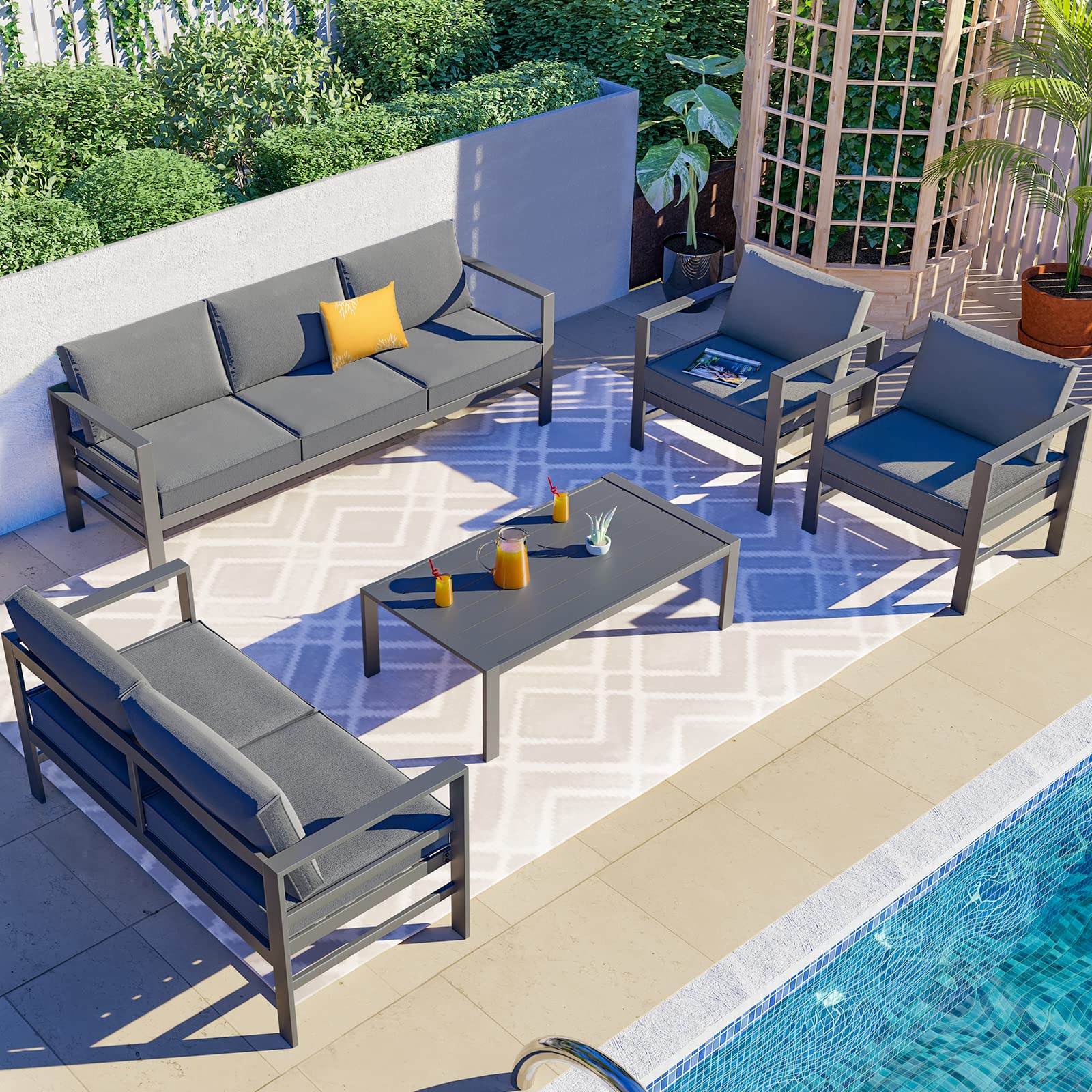 FYRICKYLINOO Aluminum Patio Furniture Outdoor Sectional Sofa Set, 5 Pieces Modern Aluminum Outdoor Conversation Set, All-Weather Metal Patio Furniture Set with Coffee Table (Grey)