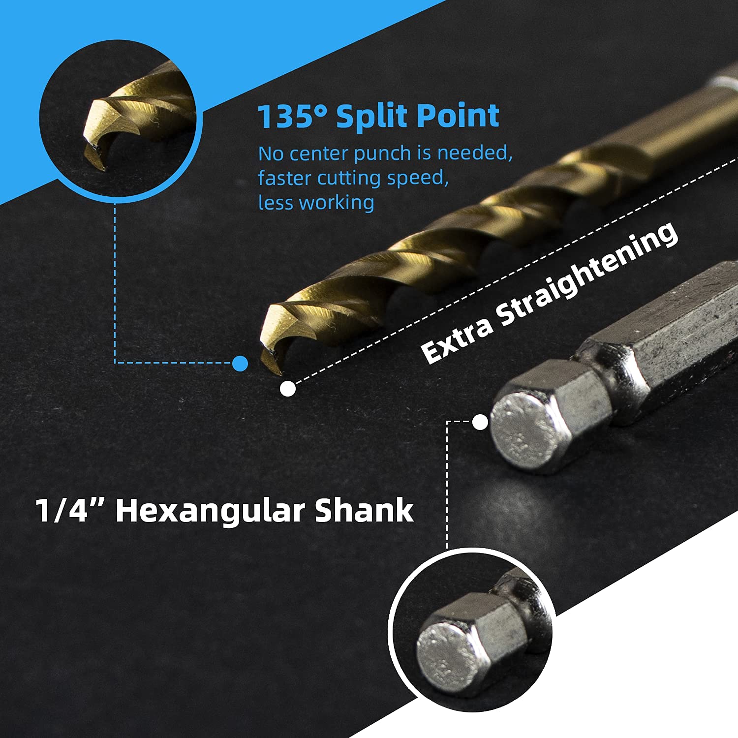 amoolo Hex Shank Drill Bit Set Combo 16Pcs (1/16"-1/4") + 10Pcs 1/8", Premium 4341 HSS Titanium Quick Change Impact Hex Drill Bits for Wood, Steel, Metal, Plastic