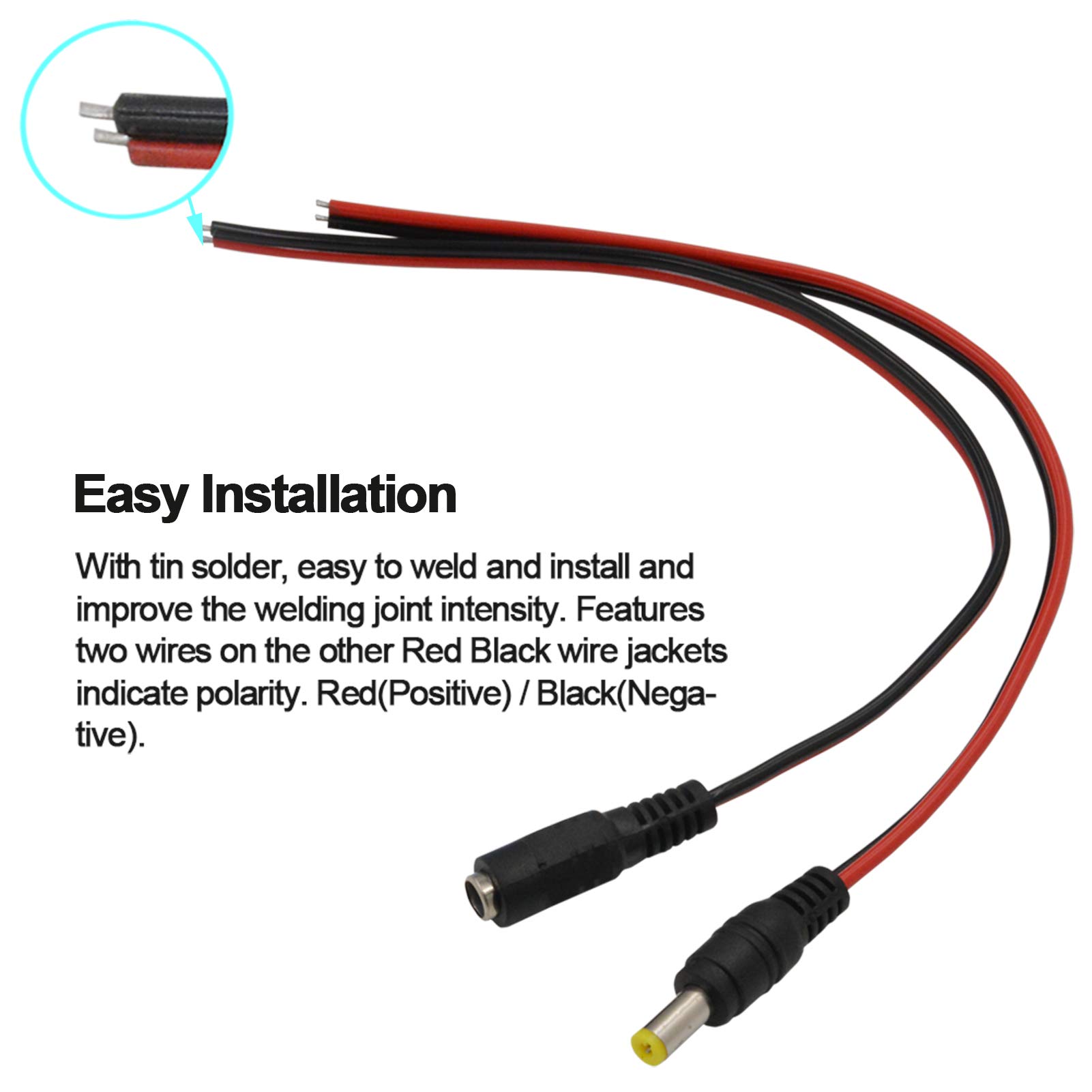 (Real 18AWG) 10 Pairs 12V 5A DC Power Pigtail Barrel Plug Connector Cable, 2.1mm x 5.5mm Male Female DC Pigtail Connectors for CCTV Security Camera and 12V Power Supply Adapter by MILAPEAK