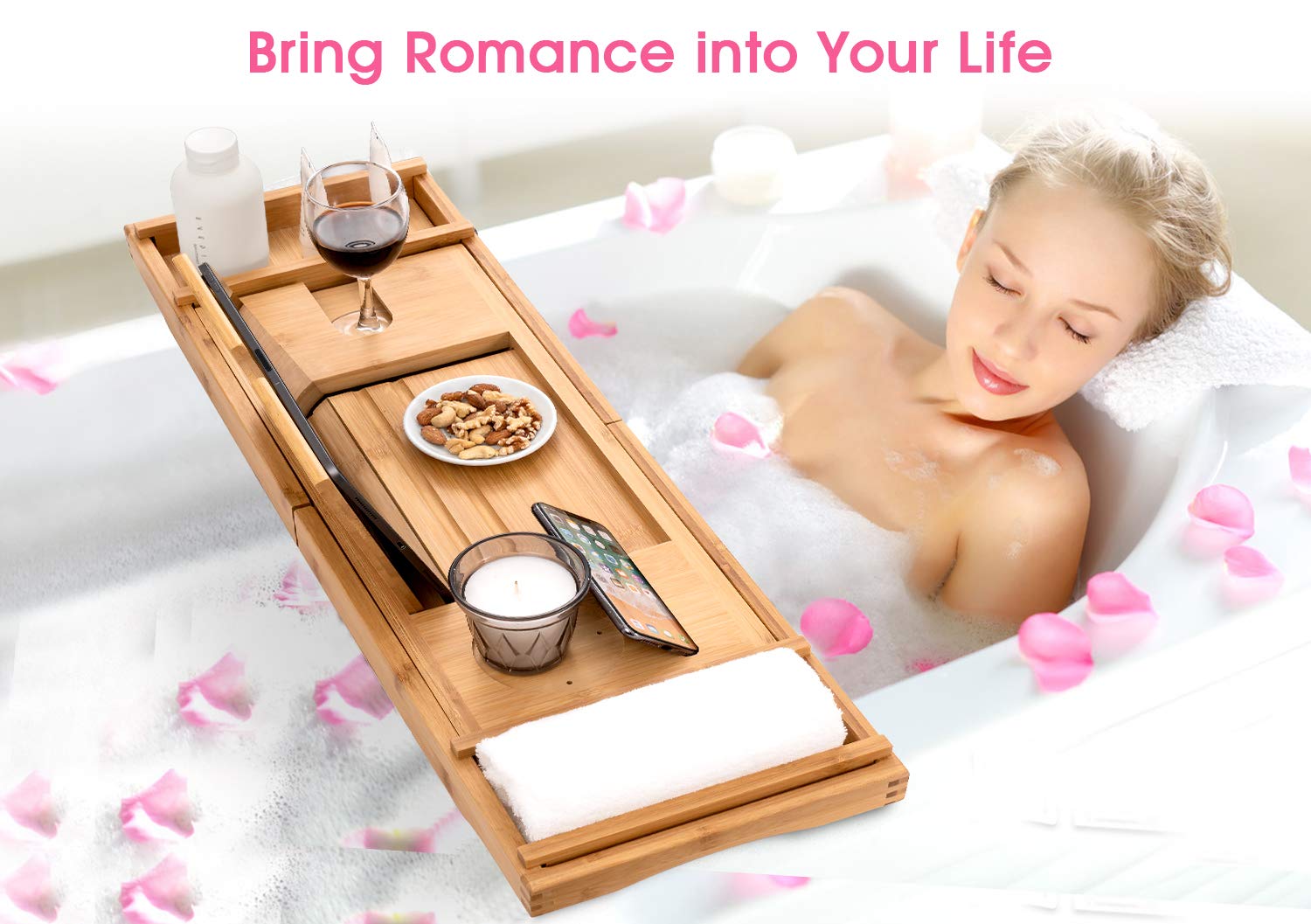 HBlife Bamboo Bathtub Caddy Tray with Extending Sides & Laptop Desk with Foldable Legs,Cellphone Tray and Wineglass Holder,Free Soap Holder (Natural)