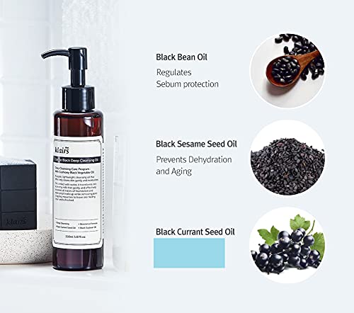 [DearKlairs] Gentle Black Deep Cleansing Oil 5.07 Oz | Composed of natural Vegan Black Bean, Black Sesame, Black Currant Seed oil for gentle, non-irritating cleanser for sensitive skin