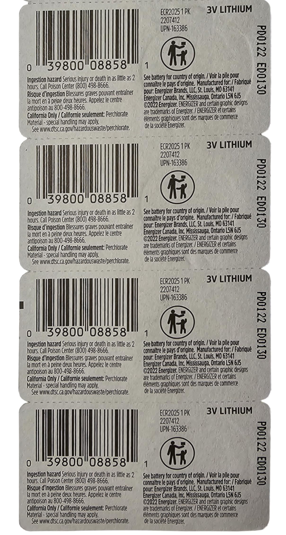 [ Pack of 4 ] Energizer Cr2025 3v Lithium Coin Cell Battery Dl2025 Ecr2025 CR 2025