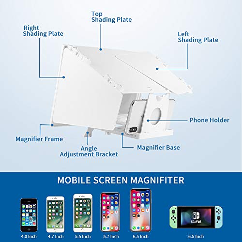 12'' Screen Magnifier β Mobile Phone 3D Magnifier Projector Screen for Movies, Videos, and Gaming β Full Coverage Foldable Phone Stand with Screen Amplifier β Supports All Smartphones (White)