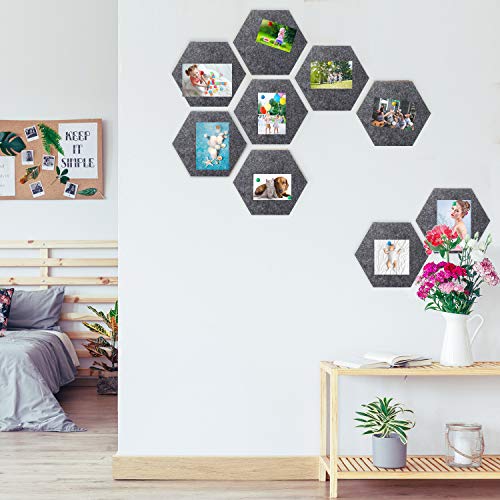 10 Packs Pin Board Hexagon Felt Board Tiles Bulletin Board Memo Board with 20 Pieces Push Pins, Decoration for Home Office Classroom Wall (Dark Gray, 5.9 x 7 Inches/ 15 x 17.7 cm)