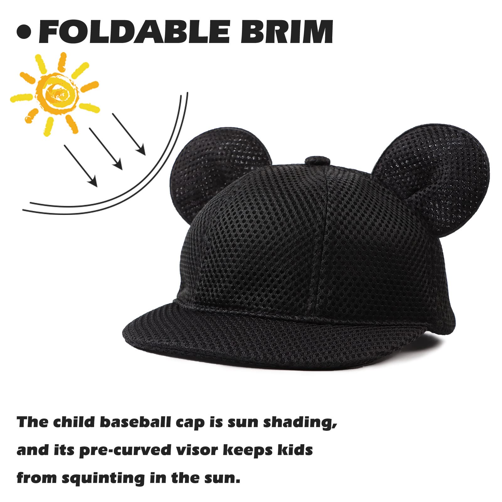 JANGANNSA Baby Mesh Cap Toddler Kids Sun Hat Mouse Ears Cute Cartoon Caps Summer (1-3Y,Black)