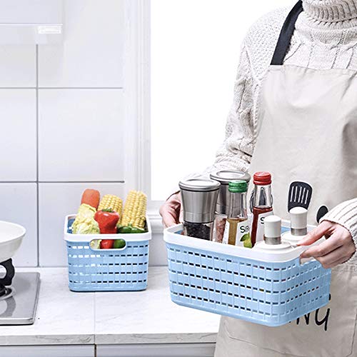 5Pack Plastic Storage Basket Blue, Desktop Weave Baskets with Handle, Portable Bathroom Open Storage Bin, Small Plastic Containers Shelf Brackets for Shelves Countertop Kitchen Cabinet Office