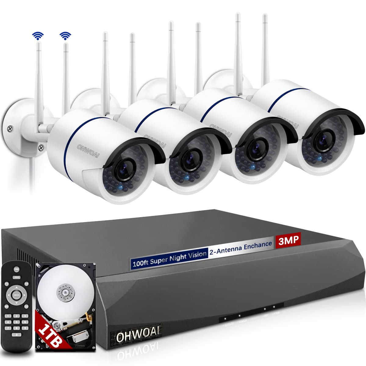 [2-Antenna Signal Enhance & 100 ft Super Night Vision] Outdoor Wireless Security Camera System, WiFi Surveillance Video Camera System, 4pcs 3.0MP IP Cameras, 5MP 8-Channel Wireless NVR