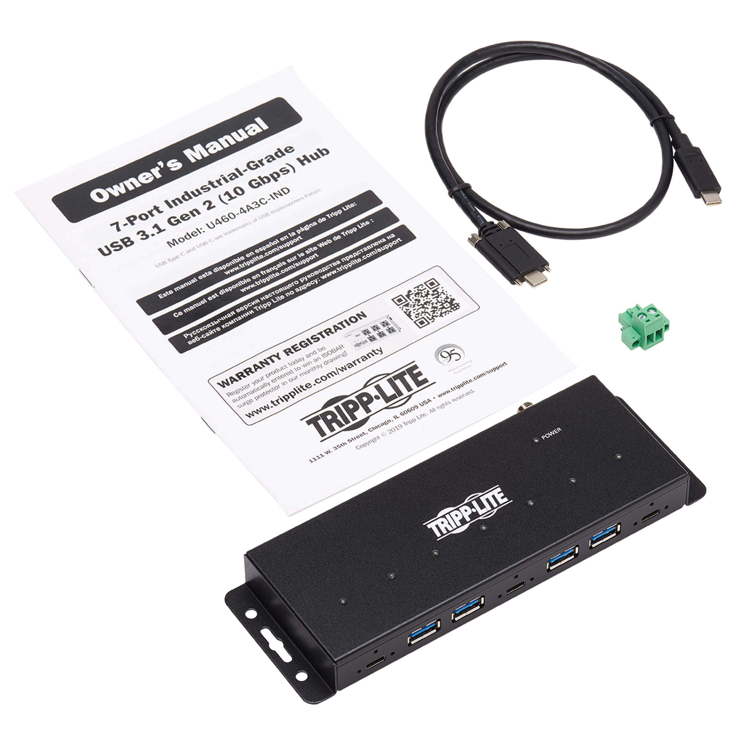 USB Hub 7-Port Industrial 4 USB-A & 3 USB C ESD Immunity Metal