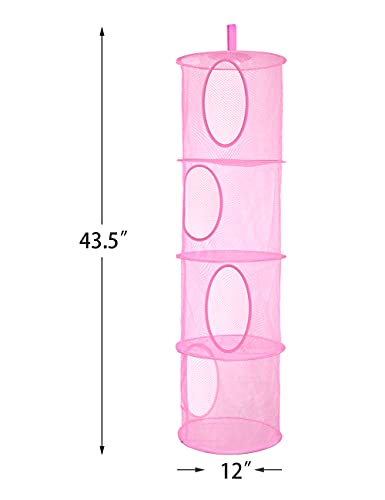 2Pcs Stuffed Animal Storage Foldable Stuffed Animal Net or Hammock Organizer, 4 Compartments Hanging Mesh Toy Storage Hammock for Kid Room Toys, Gloves, Hats, Socks(Pink)