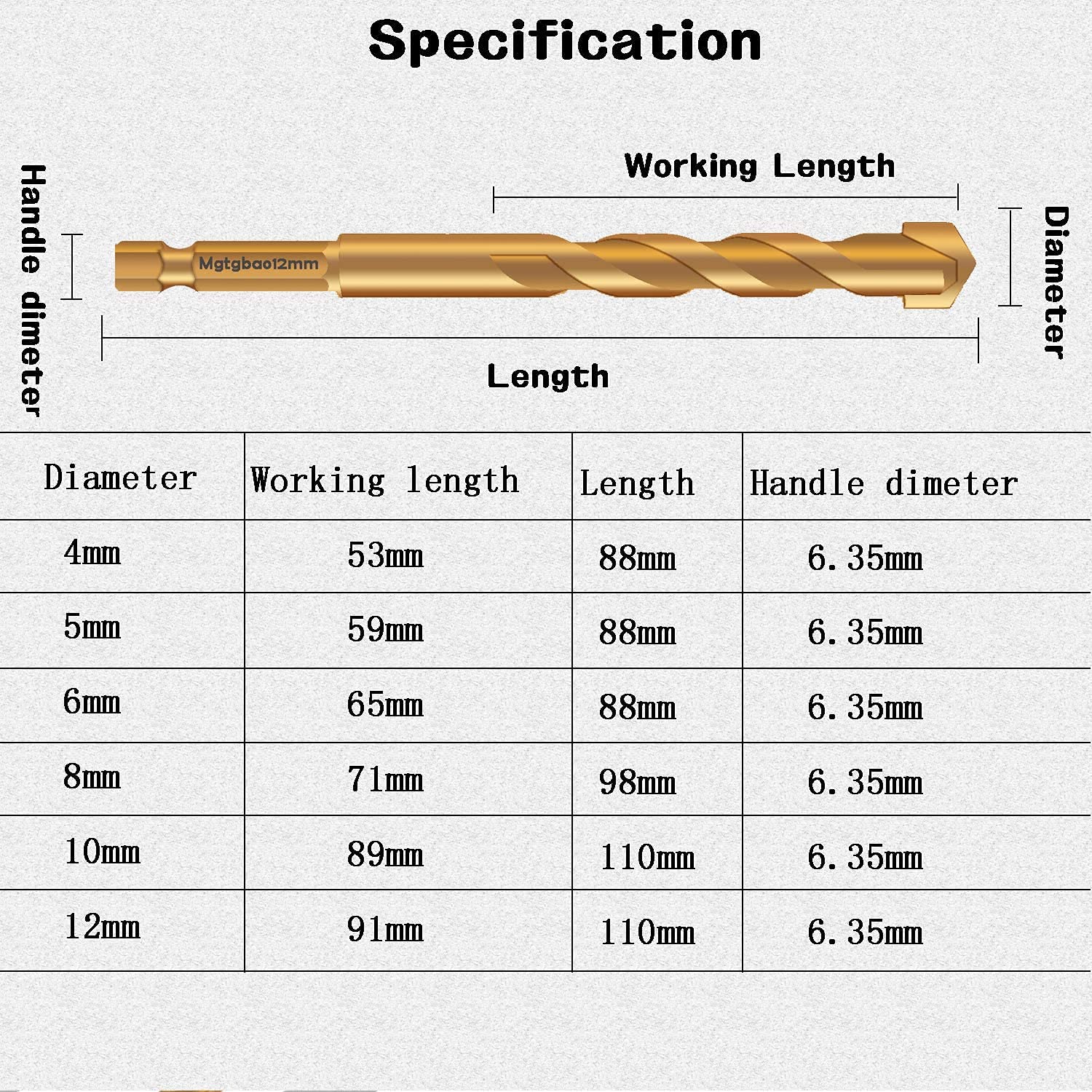 【 New 】 6pcs Golden Masonry Drill Bits Set, Mgtgbao Ceramic Tile Drill Bits Carbide Tip for Glass, Brick, Tile, Concrete, Plastic and Wood with Size 6mm(1/4”), 8mm (5/16”), 10mm (3/8”), 12mm (1/2”).