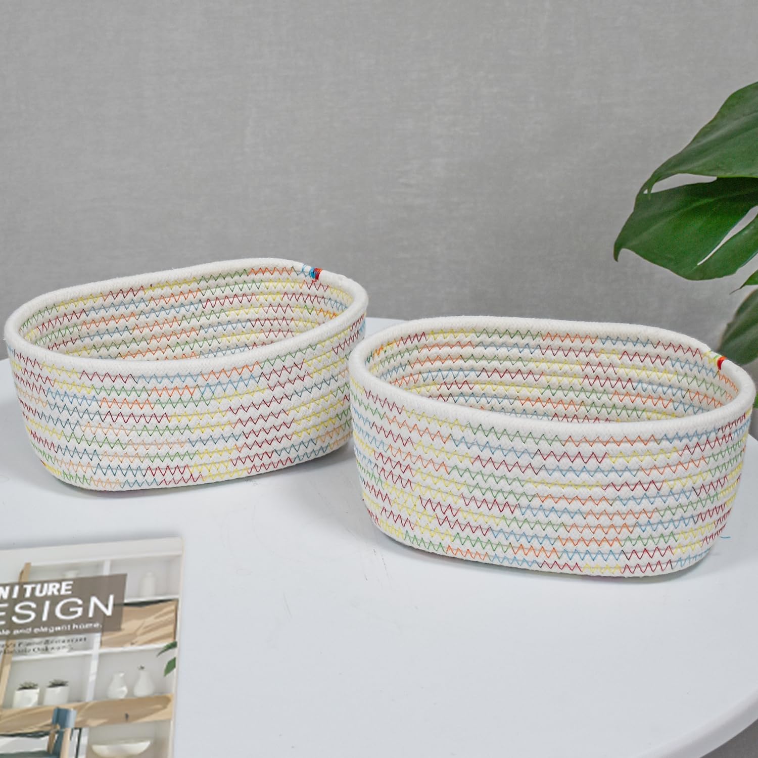【2 Pack】ABenkle Small Woven Baskets, Tiny Oval Shallow Storage Baskets, Mini Cotton Rope Empty Decorative Basket, Boho Little Organizer Bins for Bathroom, Cat Dog Toy Gifts Baskets
