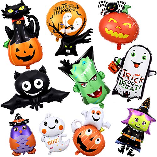 10 Pieces Halloween Balloons Halloween Foil Balloons Halloween Mylar Foil Balloon Pumpkin Witch Ghost Bat Balloon for Halloween Party Decorations Supplies