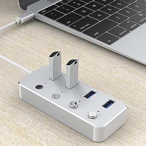 WJCCY Aluminum Alloy 4 Port USB 3.0 Hub Sub-Control Switch HUB 60/120cm Cable Upto 5Gbps Splitter (Color : Silver)