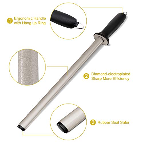 12 Inches Diamond Honing Steel Professional Knife Sharpener Rod, AHNR Kitchen Knife Sharpening Rod & Tungsten Carbide Multi-Sharpener for Honing Knife Blades, Pruning Shears, Garden Tools