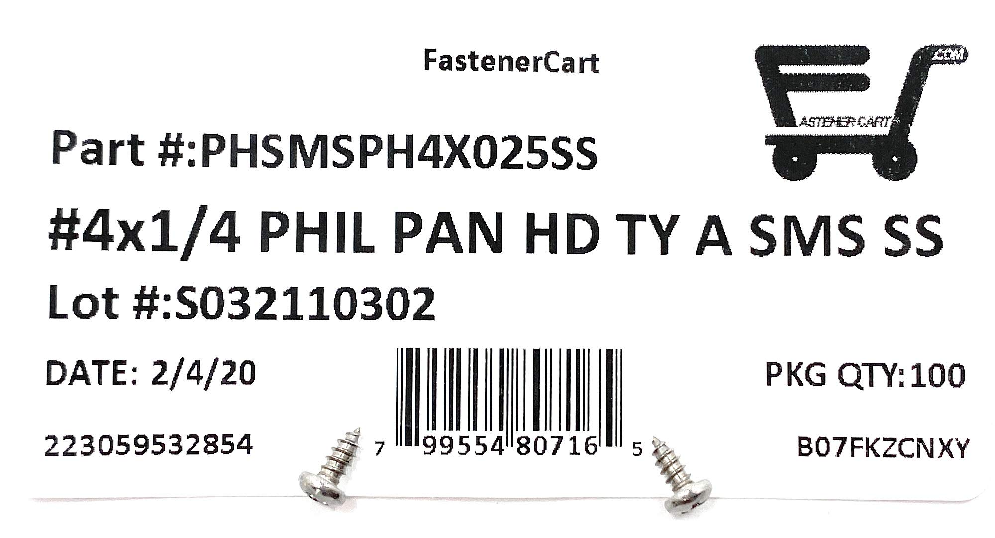 #4 x 1/4 Stainless Steel Phillips Pan Head Sheet Metal Screws Type A (100 Pieces) 4x1/4