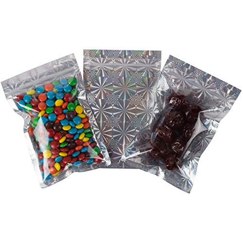 100 Pack Smell Proof Bags - 3x5 Inches Various Size Resealable Clear Ziplock Food Safe Holographic Rainbow Color