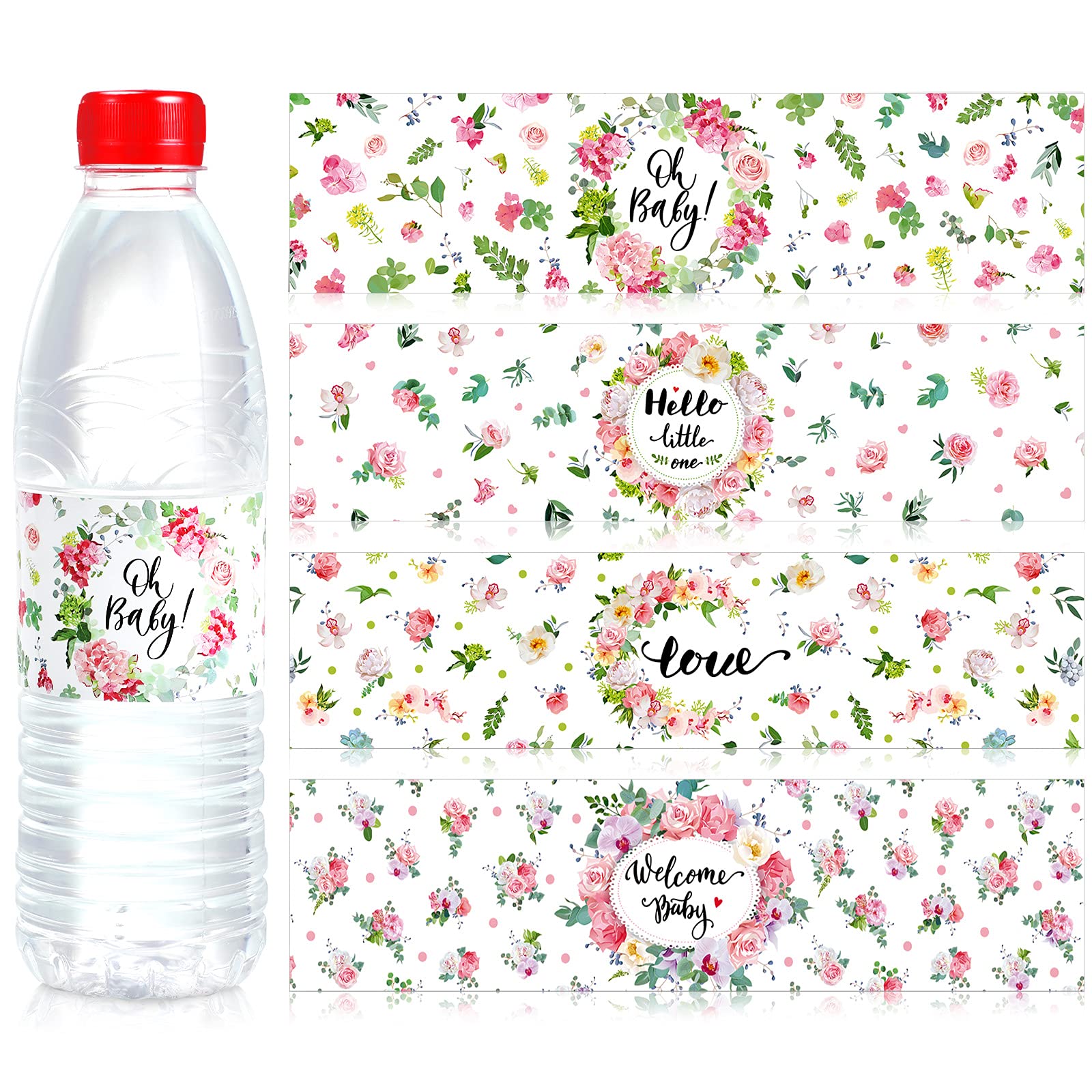 Chinco 48 Pieces Waterproof Baby Shower Water Bottle Labels Pink Water Bottle Wrappers Floral Bottle Labels Unisex Water Bottle Sticker Labels Shower Decorations for Baby Birthday Party, 4 Styles