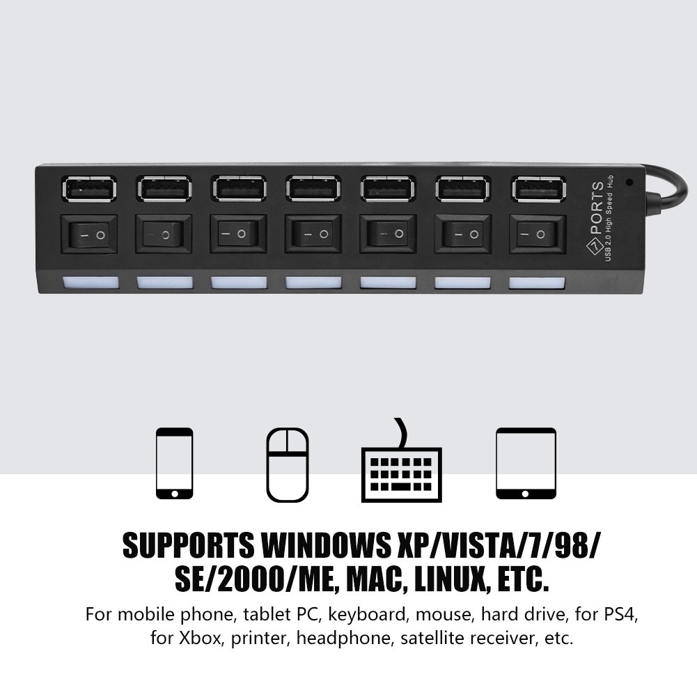 7 Port USB Hub,480Mbps No Conflict Plug & Play USB 2.0 Charger Hub with 7 Independent Switches and Multi-Level for Mobile Phone, Tablet PC, Keyboard, Mouse, Hard Drive, etc