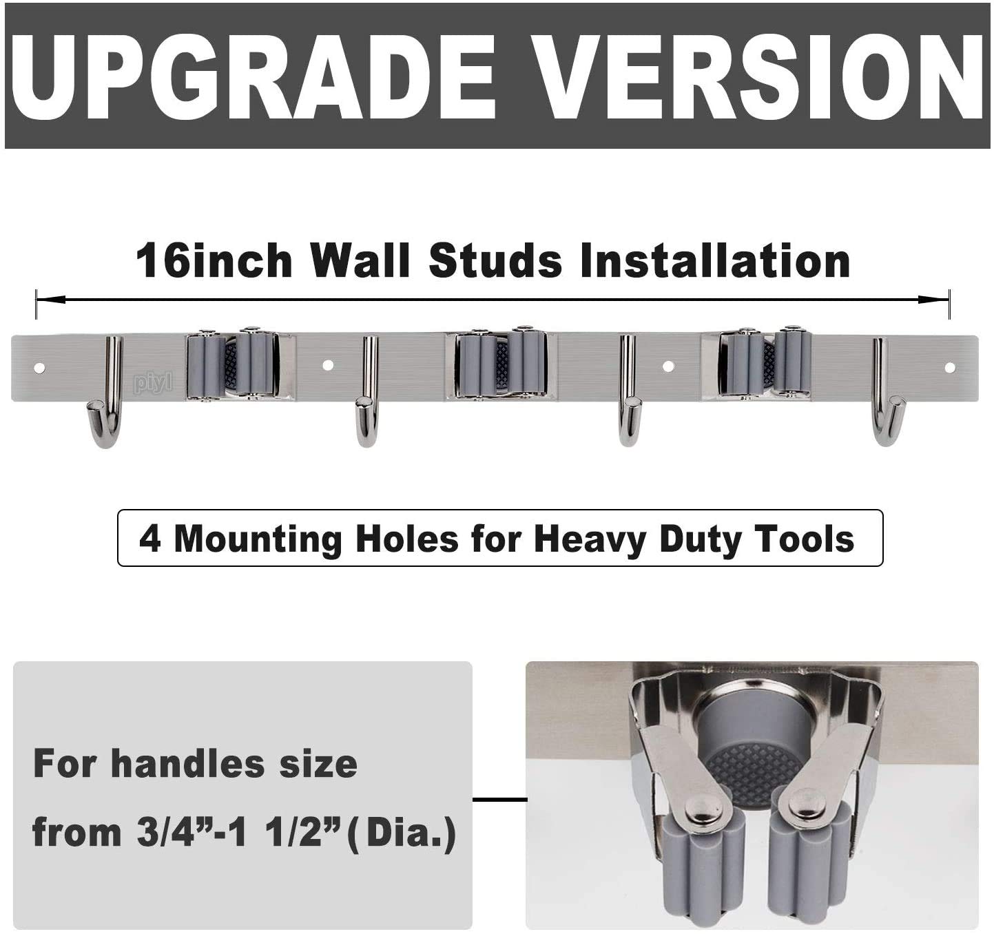 1 Pack Broom Mop Holder Wall Mount Garage Organization Wall Organizer Storage Broom Closet Kitchen Organization Heavy Duty Garage Tools Hanger with 3 Racks 4 Hooks for Garden Laundry Room (Green)