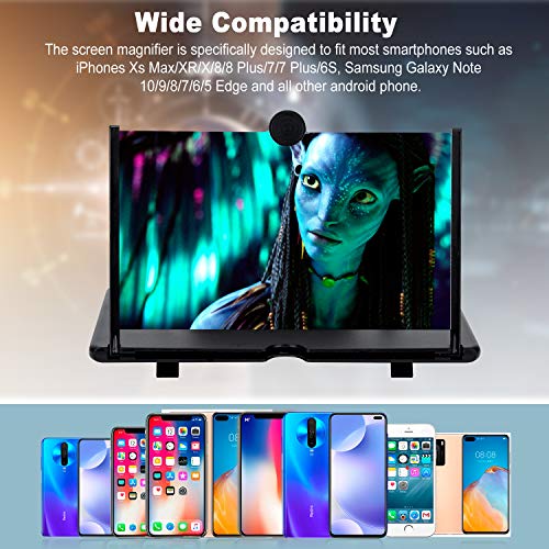 12'' 3D Phone Screen Magnifier – HD Magnifier Projector Screen Enlarger for Videos, Movies, Games – Foldable Phone Stand with Screen Amplifier – Supports All Smartphones (Black)