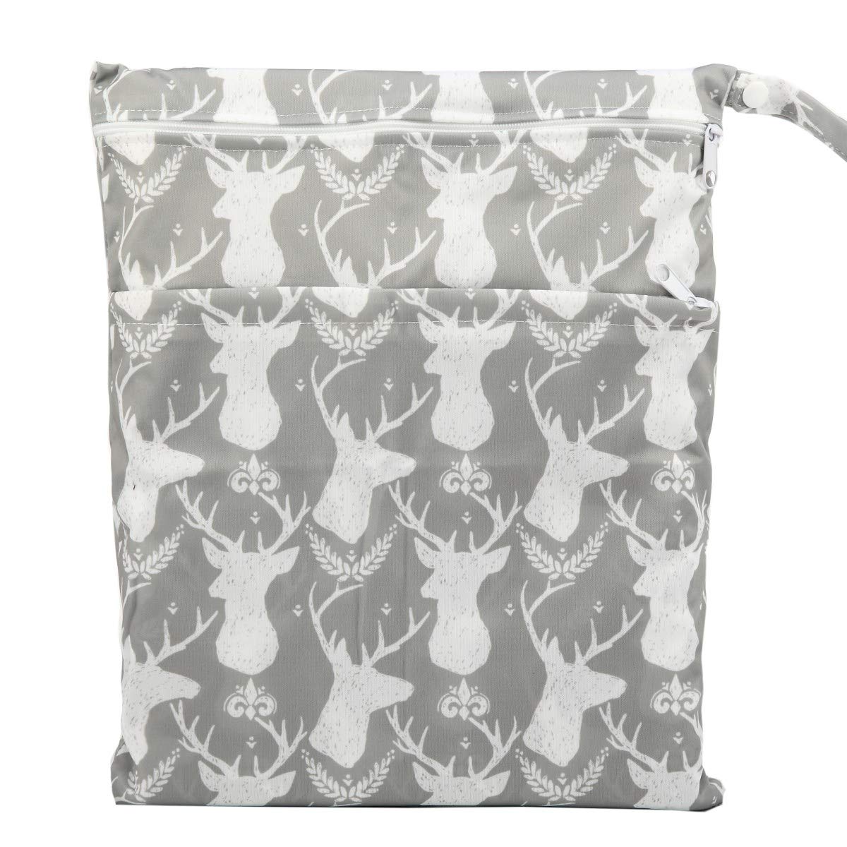 Sigzagor 2 Wet Bags Reusable Diaper Nappy Waterproof With Two Zippered Pockets (Gray Arrow and Deer Heads)