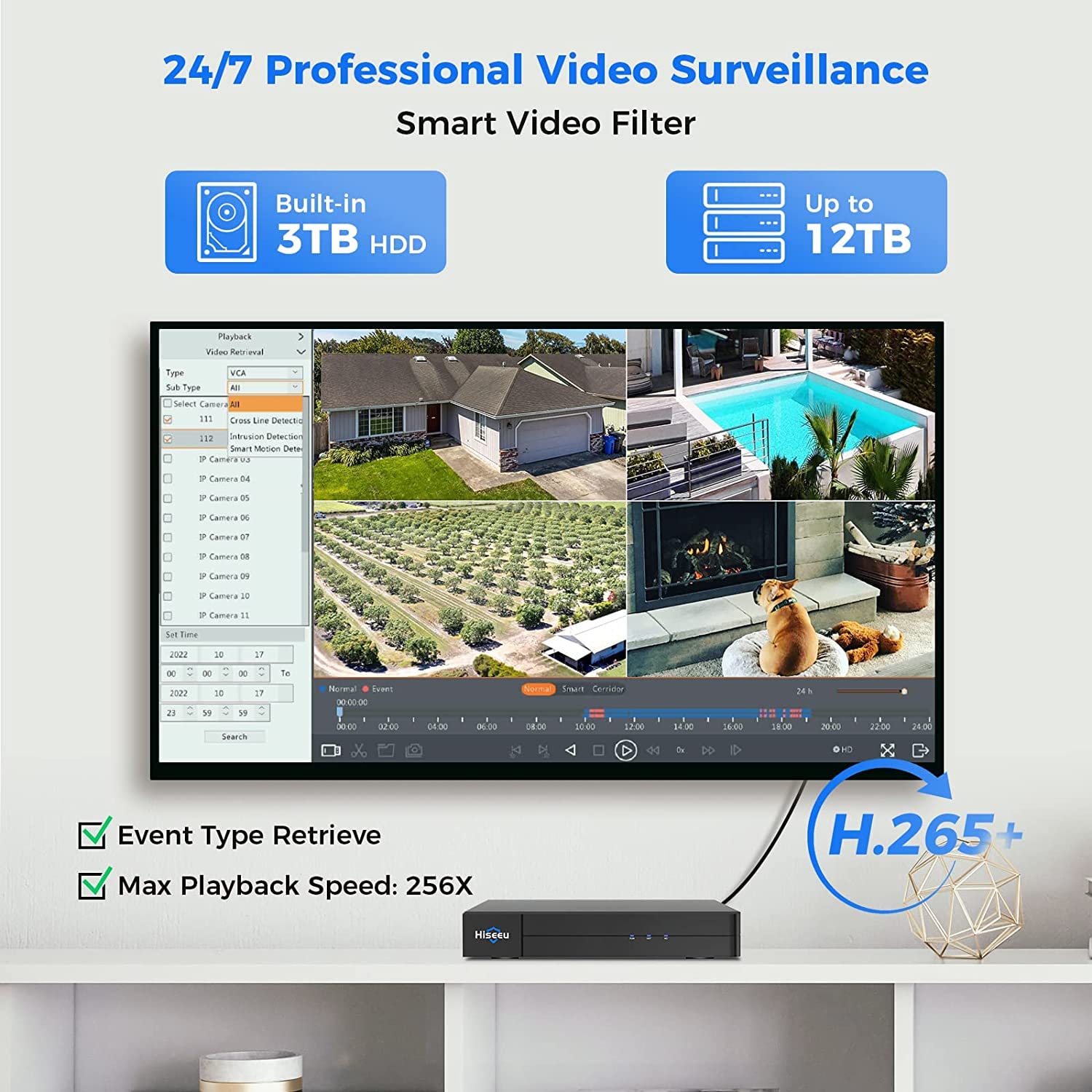 [3TB HDD+Human Tracking] Hiseeu 4K PoE Security Camera System,CCTV Camera Security System w/5MP Home Security Cameras, PTZ 270°Pan 90°Tilt，2-Way Audio,Remote Access,Night Vision,Waterproof,7/24 Record