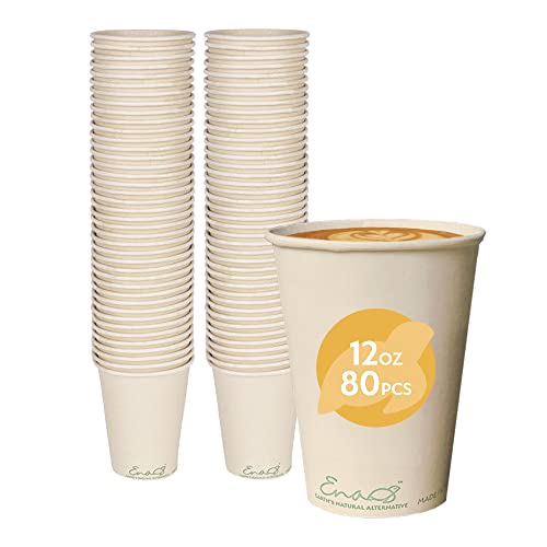 100% Compostable Disposable Coffee Cups [12oz 80 Pack] Paper Cups Made from Bamboo, Eco-Friendly, Biodegradable Premium Party Cups, Natural Unbleached by Earth's Natural Alternative