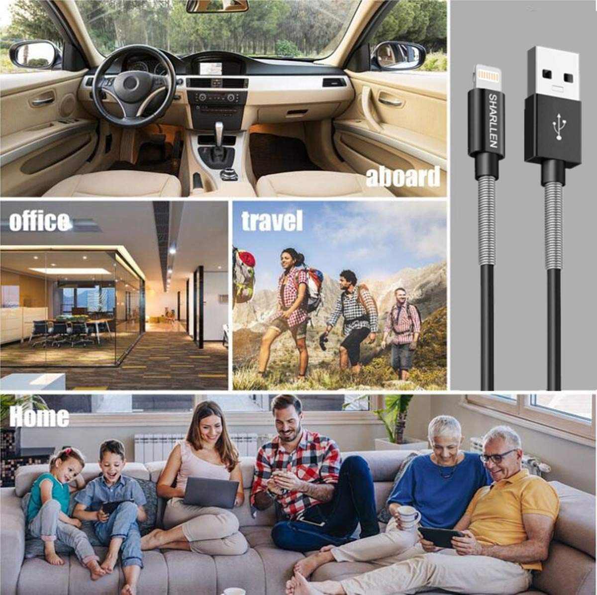iPhone Cable,Sharllen Metal Spring iPhone Charger Cable Lightning Cable 3FT/6FT/10FT Long Charging&Syncing iPhone Charging Cord Data Wire Compatible iPhone 11/XS/Max/X/8/8Plus/7/7P/6/6 P/6S/iPad Black