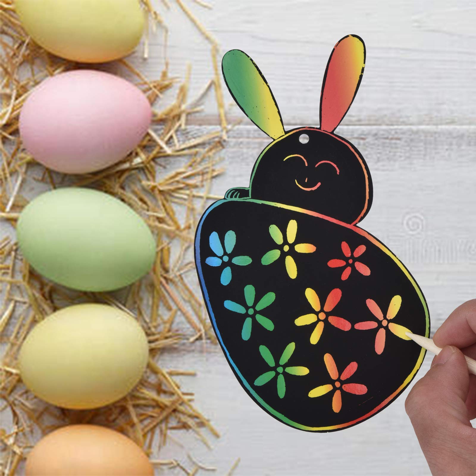 [48+48+12], Linkbro Easter Scratch Crafts Art Kit, Colorful Rainbow Scratch Paper Card, Easter Egg Bunny Chick Shape with Ribbons Wooden Scratch Tools abd Envelopes for Easter Party Egg Hunt Game