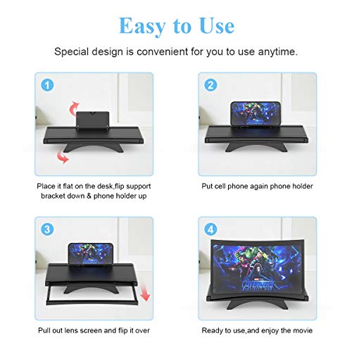 12" Curve Screen Magnifier –3D HD Mobile Phone Magnifier Projector Screen for Movies, Videos, and Gaming–Foldable Phone Stand with Screen Amplifier–Supports All Smartphones (Black)