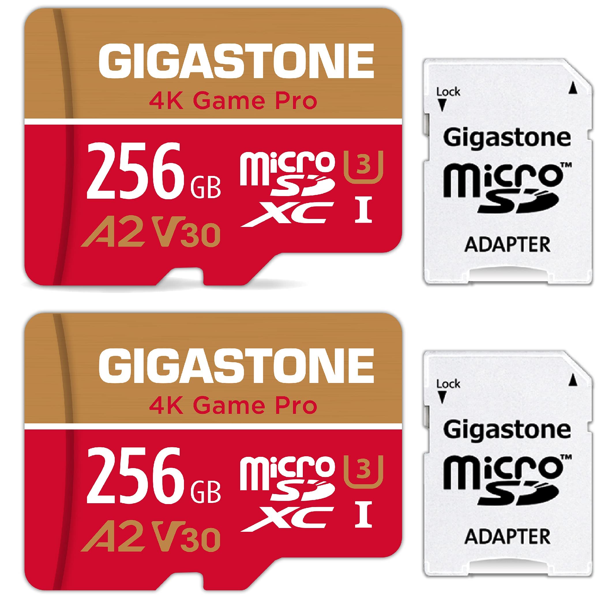 [5-Yrs Free Data Recovery] GIGASTONE 256GB 2-Pack Micro SD Card, 4K Game Pro, A2 V30 MicroSDXC Memory Card for Nintendo-Switch, 4K UHD Video, Up to 100/60 MB/s, UHS-I U3 C10 with Adapter