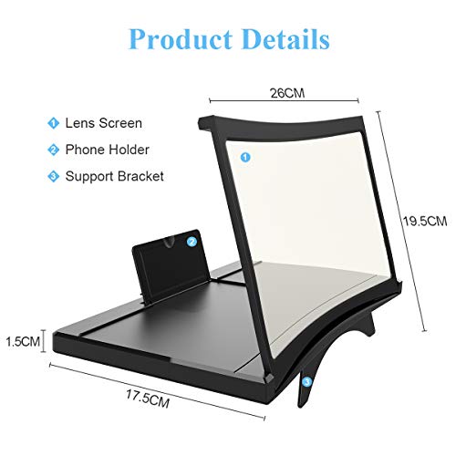 12" Curve Screen Magnifier –3D HD Mobile Phone Magnifier Projector Screen for Movies, Videos, and Gaming–Foldable Phone Stand with Screen Amplifier–Supports All Smartphones (Black)