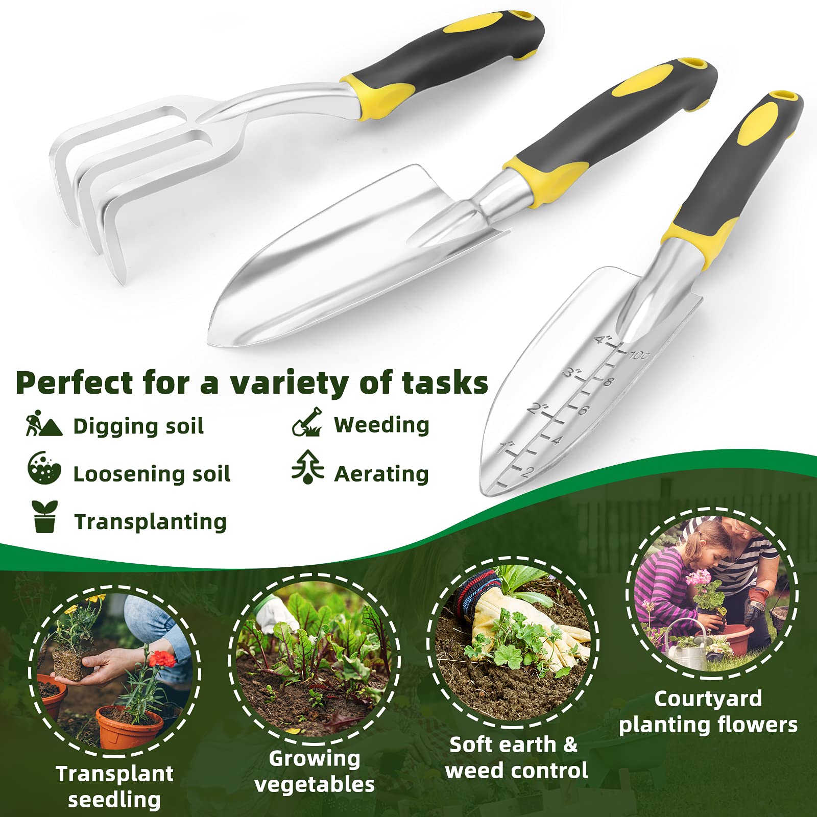Auger Spiral Drill Bit for Planting Bulb Flower & Bedding, Garden Plant Auger, Upright or Umbrella Hole Diggers, Includes 3 Heavy Duty Cast Aluminum Garden Hand Shovels (6 Pieces)