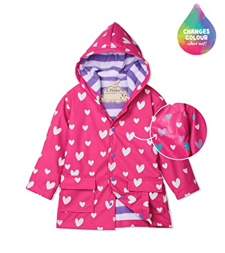 Hatley Girls' Little Color Changing Button-Up Printed Rain Jacket, Sweet Hearts, 6 Years