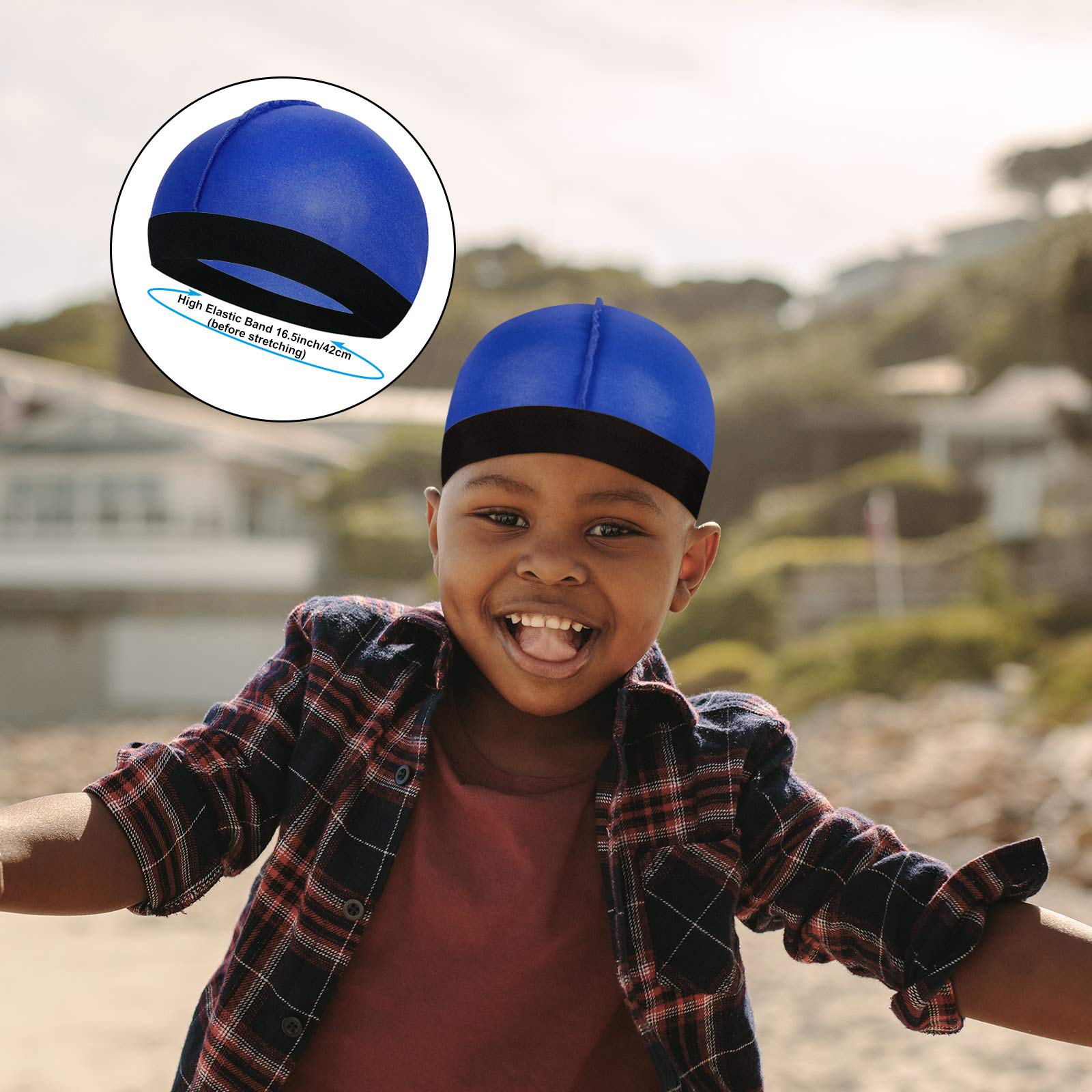 10 Pieces Kids Satin Silk Durag with Wave Caps Set Unisex Baby Durags 360 Wave Wide Strap Headwraps Long Tail Turban Beanies (Silver, Black, Royal Blue, Red, Green)