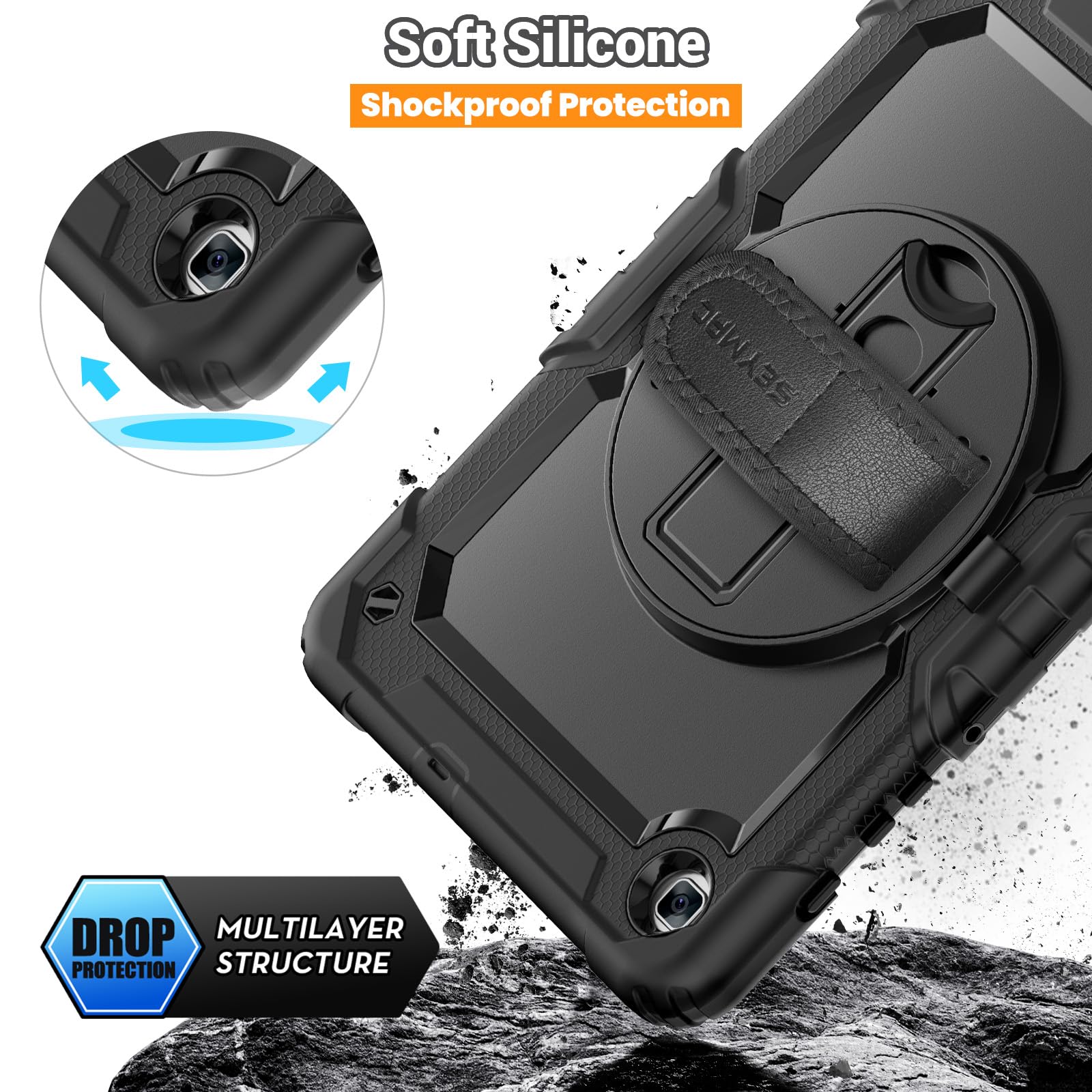 SEYMAC Case for Samsung Galaxy Tab S6 Lite 10.4'' 2024/2022/2020 (SM-P620/P610/P615), Heavy Duty Full-Body Shockproof Protective Case with Screen Protector, Rotating Stand, Hand/Shoulder Strap, Black