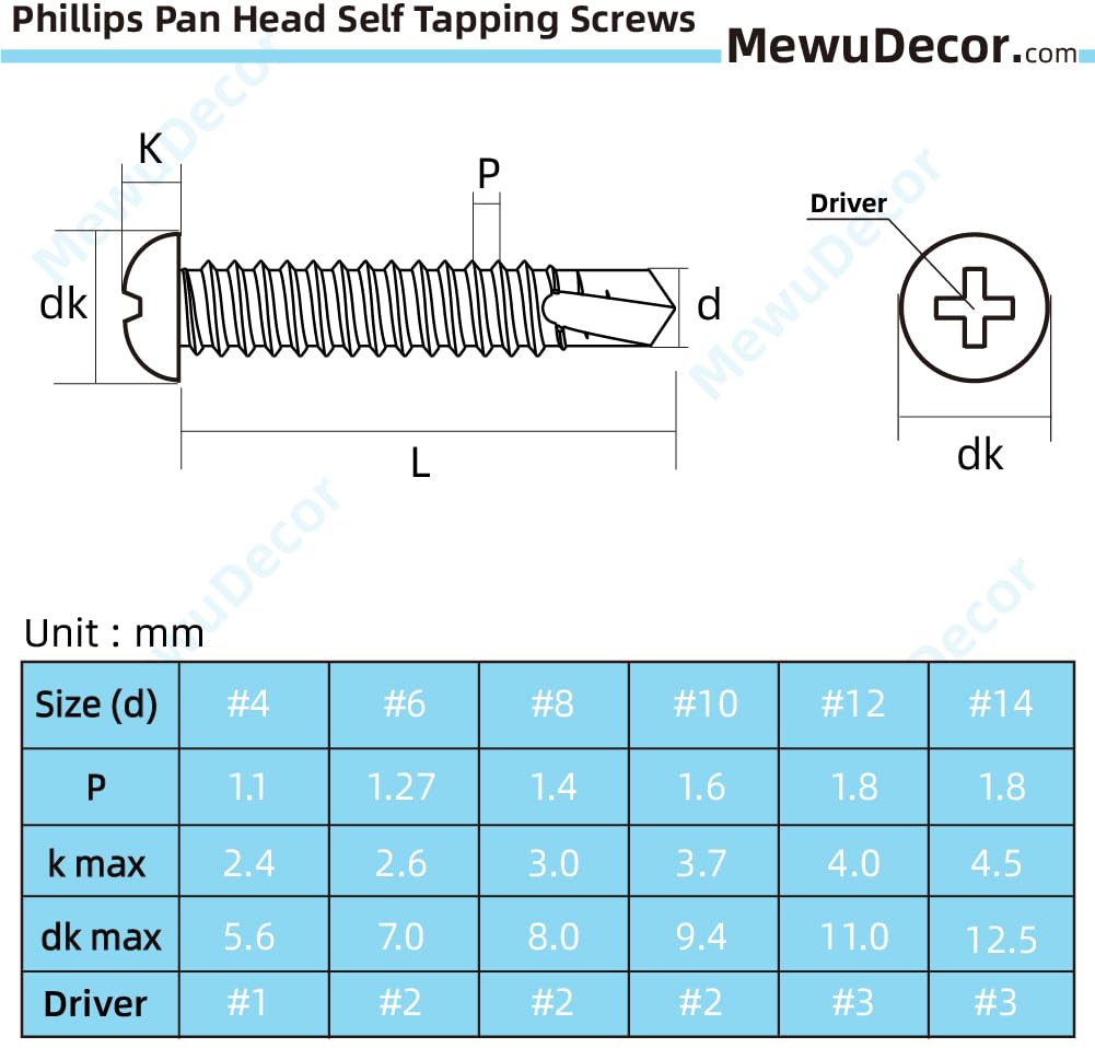 #14 x 1" Pan Head Self Tapping Screws Sheet Metal Screws, Stainless Steel 410, 50 PCS