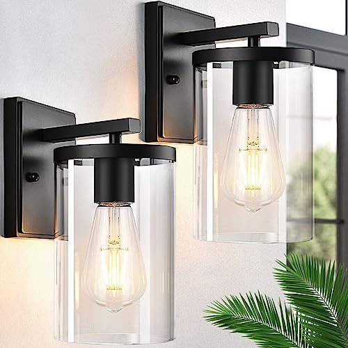 ăUpgradedă Outdoor Wall Lantern, Exterior Waterproof Wall Sconce Light Fixture, Matte Black Rustproof Porch Lights Wall Mounted Lighting with Clear Glass Shade & E26 Socket for Patio Garage, 2-Pack