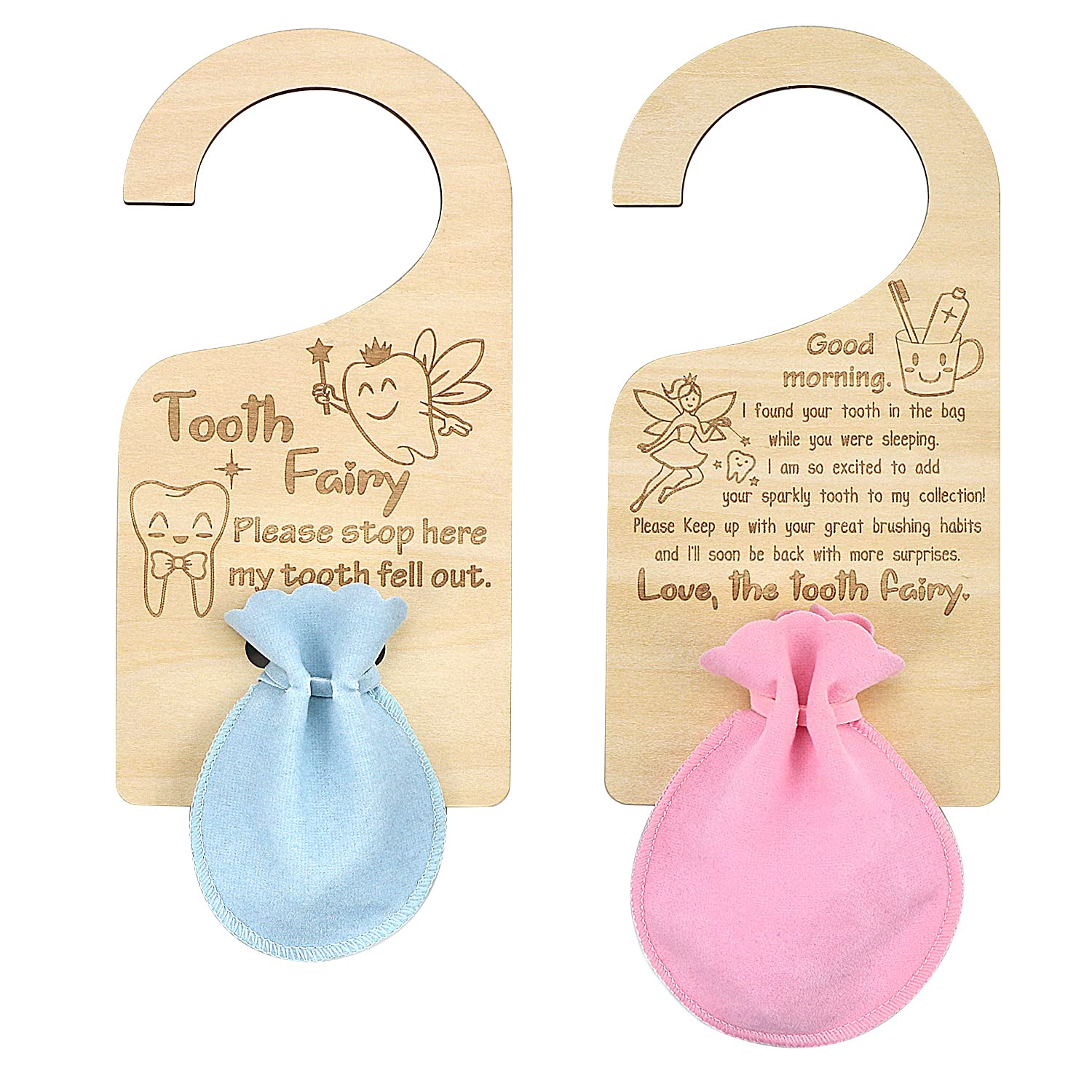 MoonBrush Tooth Fairy Door Hanger Set, with Tooth Bags Encourage Gift for Lost Teeth Kids, 4 Piece Set