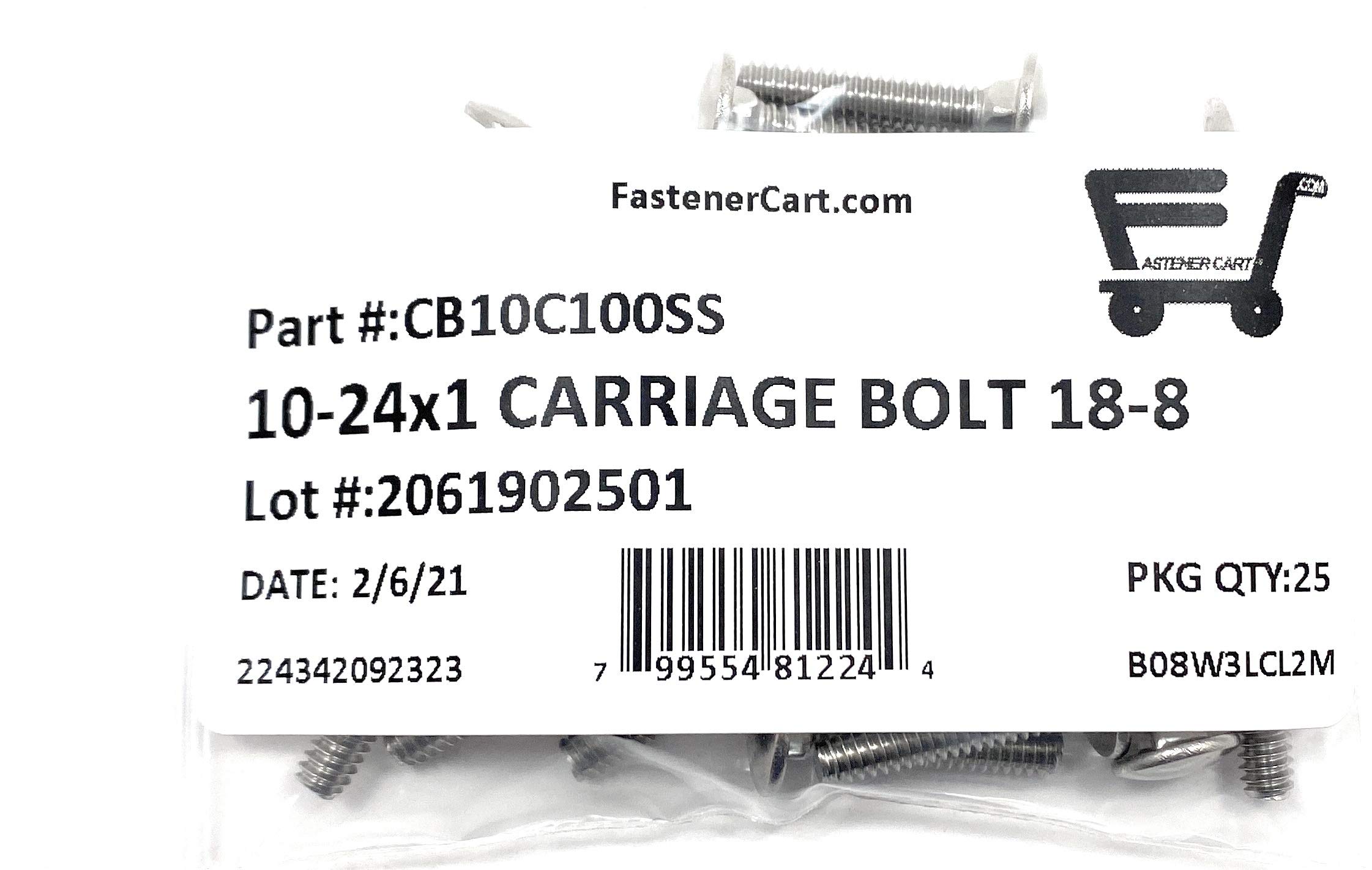 10-24x1 Carriage Bolts Stainless Steel 18-8 (25 Pieces)