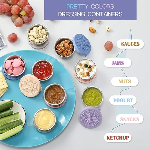 [6 Pack] Salad Dressing Container To Go, 1.6 oz Small Condiment Containers with Lids, Reusable Stainless Steel Sauce Cups Containers, Leakproof Silicone Lids for Lunch Bento Box, Picnic and Travel