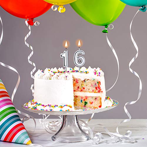 16th Birthday Candles Cake Numeral Candles Happy Birthday Cake Candles Topper Decoration for Birthday Wedding Anniversary Celebration Supplies (Silver)