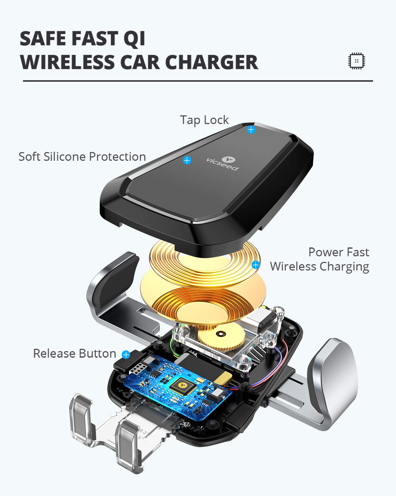 [Military-Grade Quality] VICSEED Wireless Car Charger Mount, Auto-Clamping Qi Fast Charging CD Phone Holder for Car Wireless Charger, Wireless Car Charger Vent Mount for iPhone 13 Pro Max S21 etc