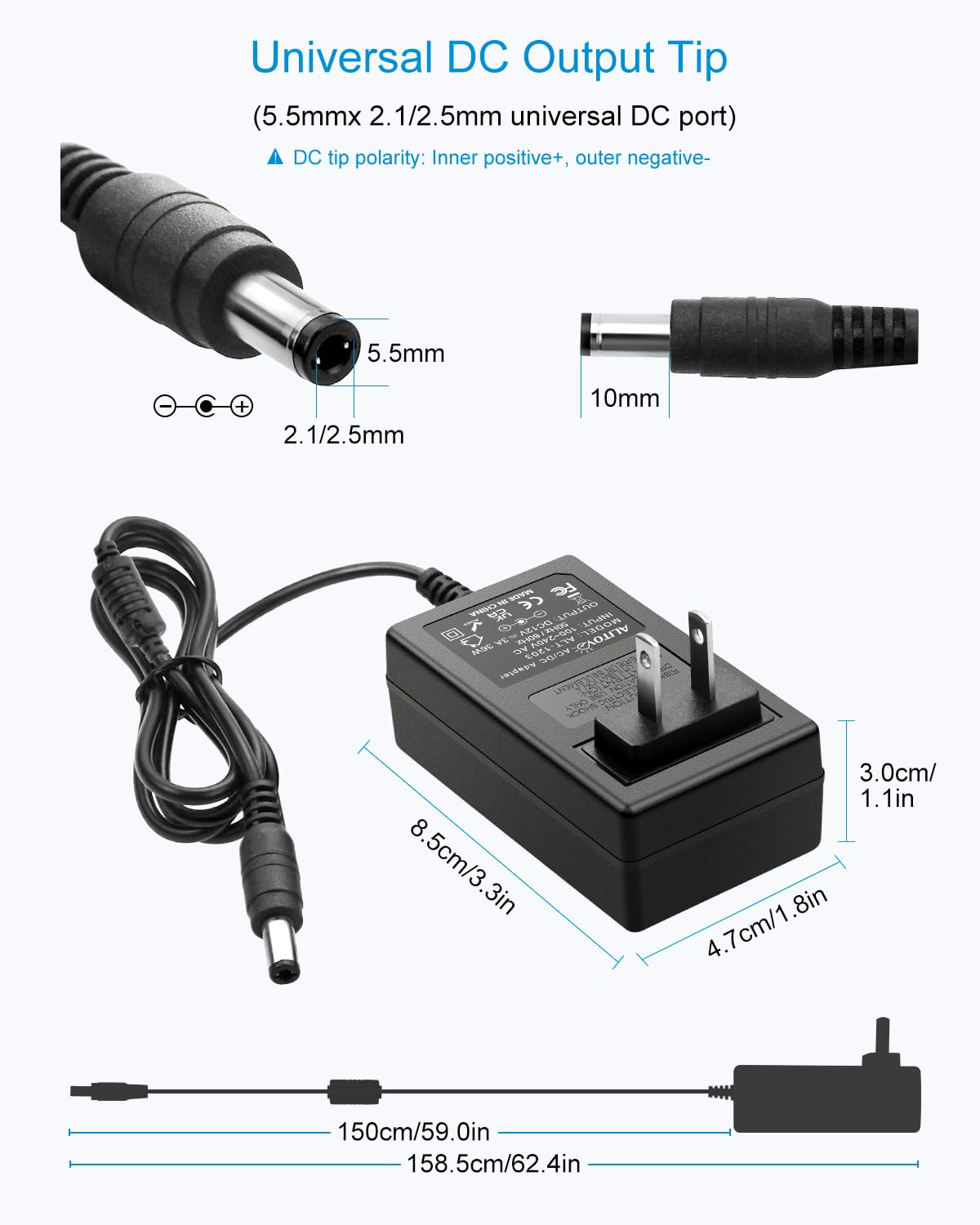 ALITOVE 12V 3A Power Supply Adapter 100~240V AC to DC 12 Volt 3 Amp 36W Converter 12 vdc 3000mA 2.2A 2.4A 2.5A 2.8A Available 5.5mm x 2.5mm 2.1mm for LED Strip Light CCTV Security Camera Router