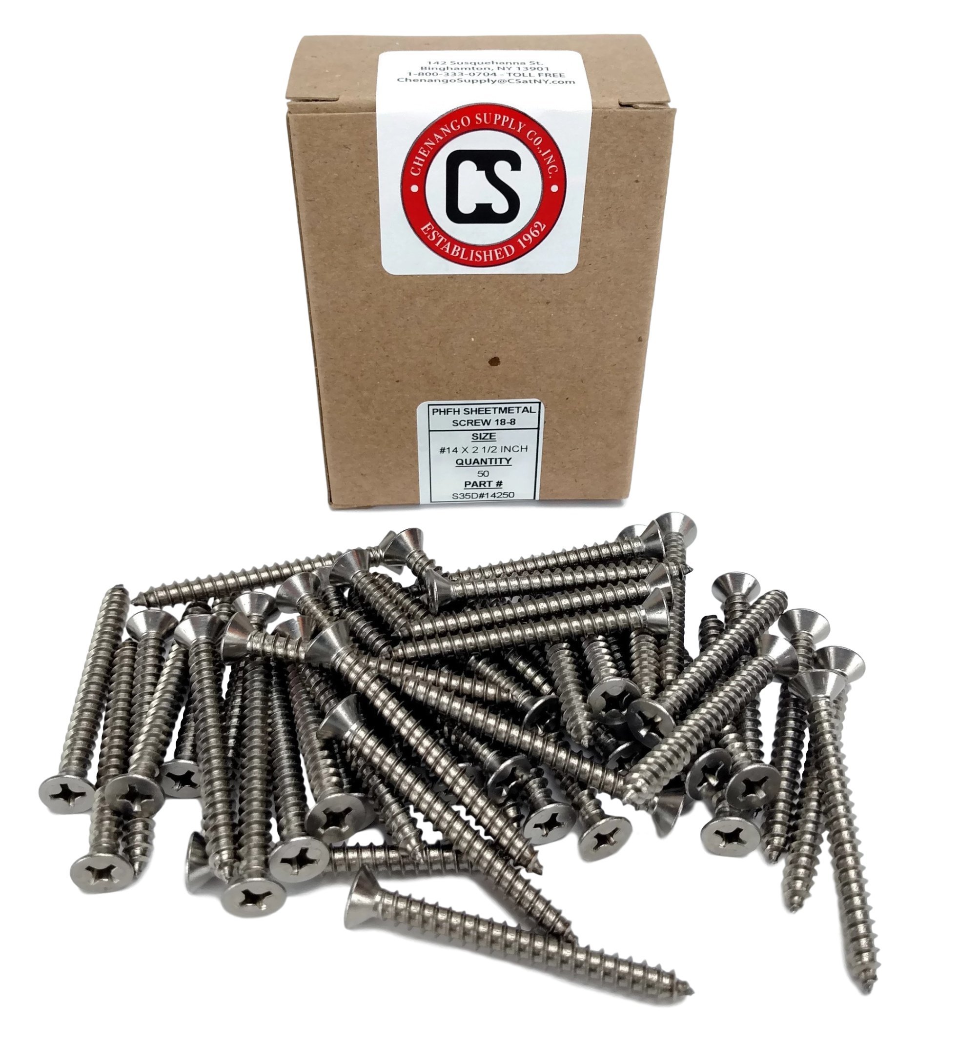 #14 X 2-1/2" Stainless Phillips Flat Head Sheetmetal Screw (3/4" to 3" in Listing) 50 Sheet Metal Screws, 82 Degrees (#14 X 2-1/2")