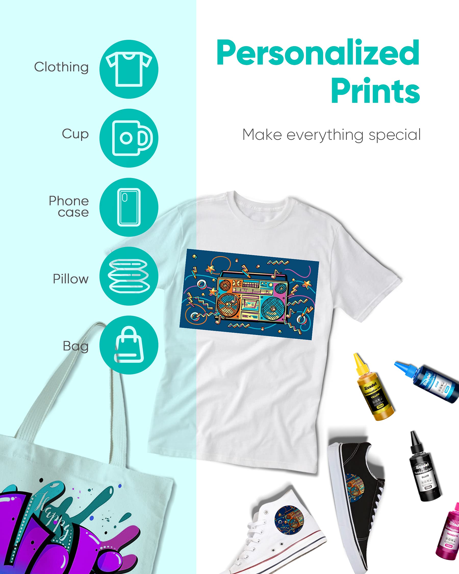 ecodot 400ML Sublimation Ink Refill for Epson WF7710 ET2720 ET4700 ET15000 ET2760 ET2750 WF7820 Inkjet Printers Heat Press Transfer on Plates, Mugs, Polyester Shirts, Phone Cases etc