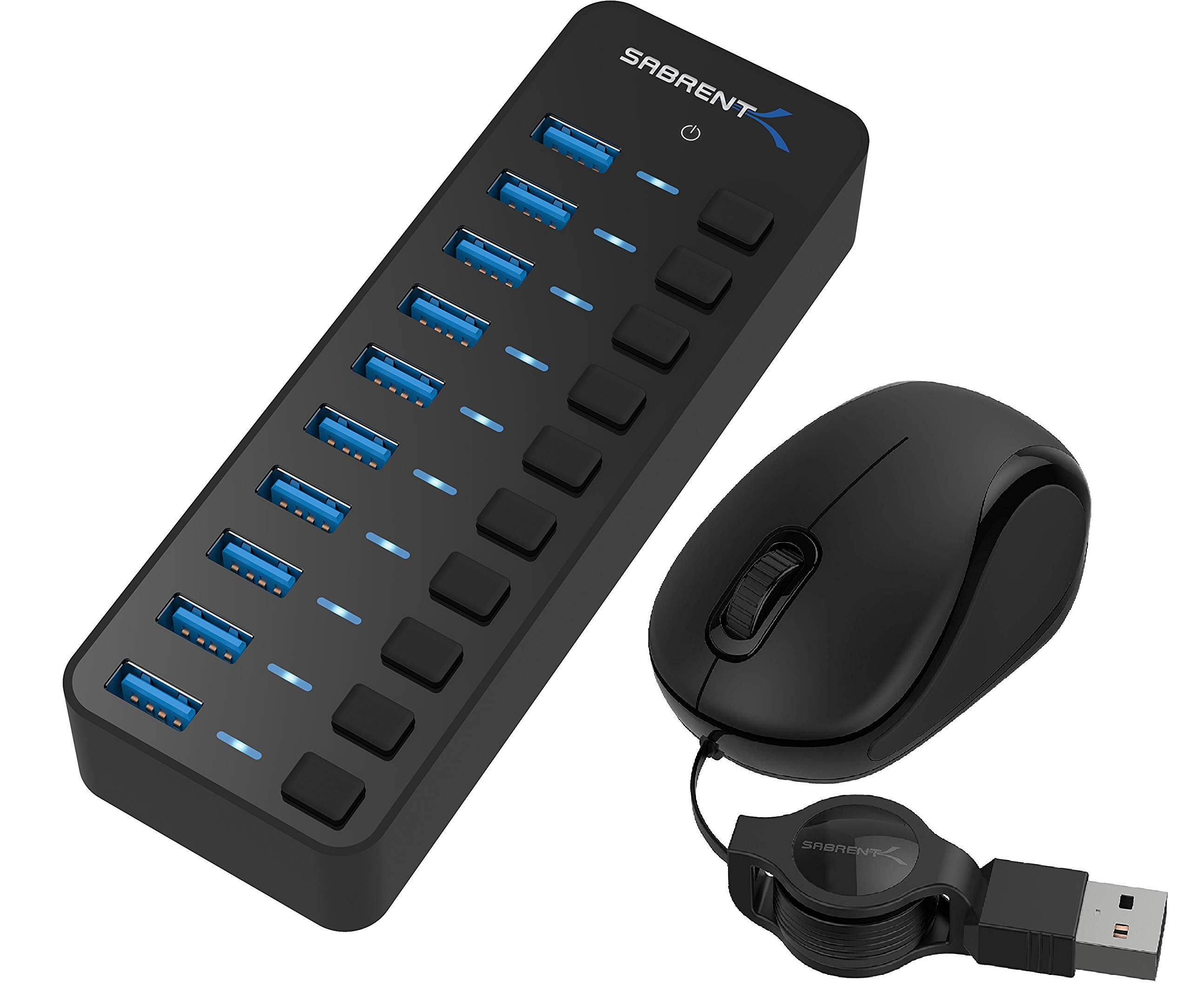 10 Port 60W USB 3.0 Hub with Individual Power Switches and LEDs Includes 60W 12V/5A Power Adapter+Mini Travel USB Optical Mouse with Retractable Cable for Computers and laptops | Mac & PC Compatible