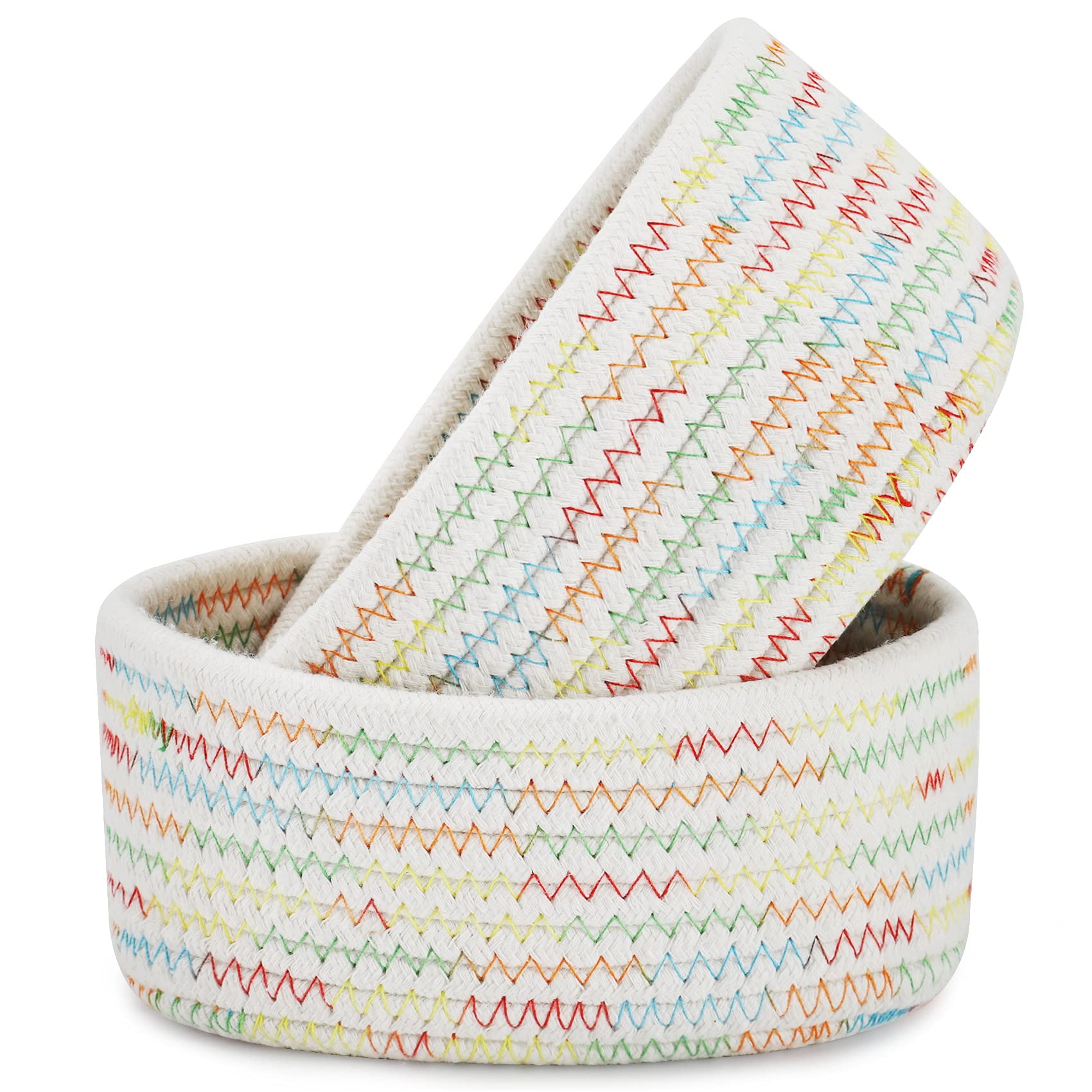 【2 Pack】ABenkle Small Woven Baskets, Tiny Oval Shallow Storage Baskets, Mini Cotton Rope Empty Decorative Basket, Boho Little Organizer Bins for Bathroom, Cat Dog Toy Gifts Baskets